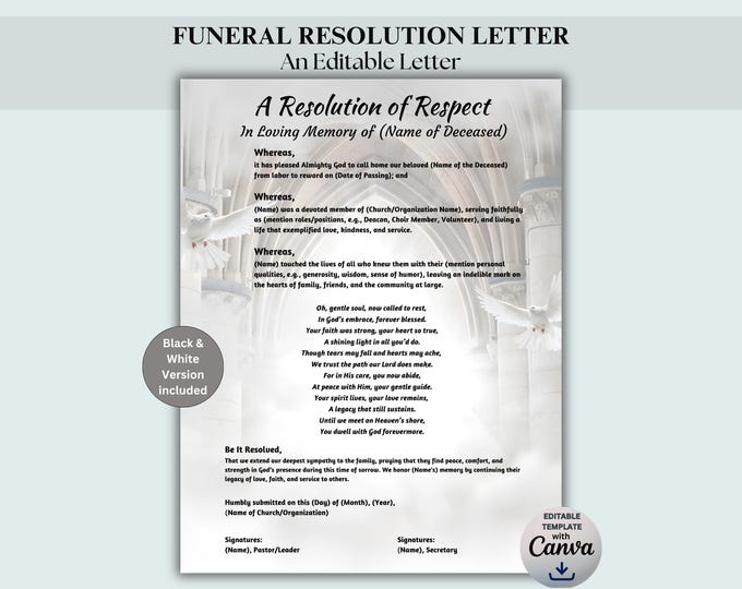 Editable Funeral Resolution Letter for a Funeral Service Church Funeral ...