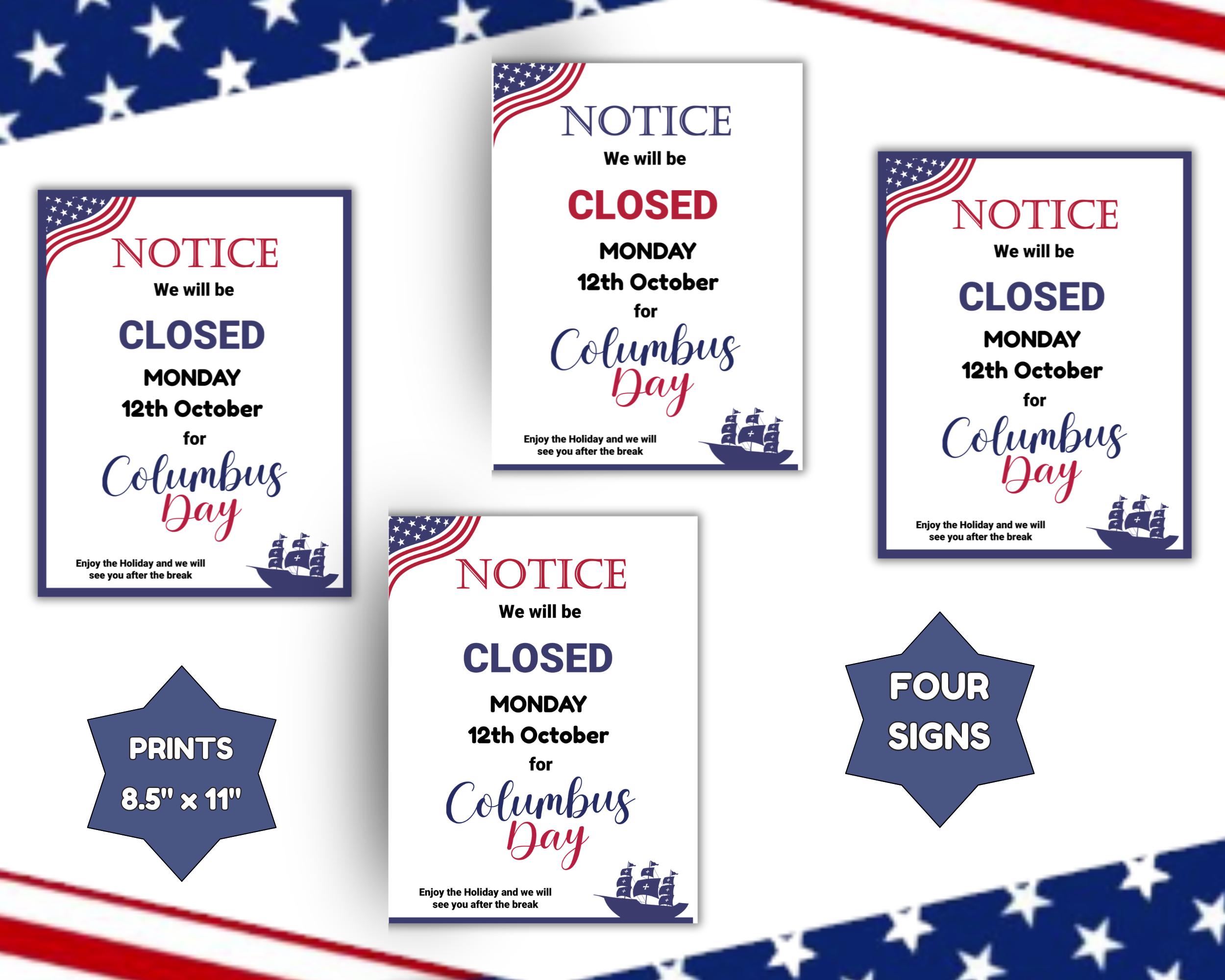Columbus Day Closed Sign for Door Printable Sign, Closed on Columbus ...