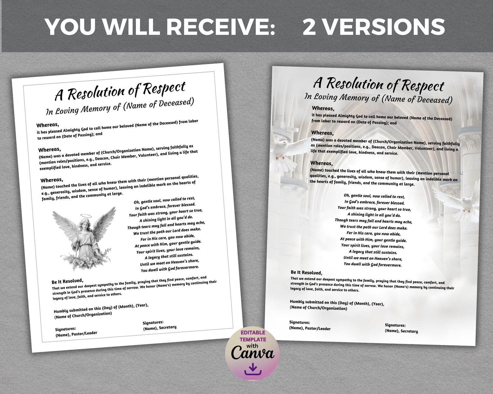 Funeral Resolution Letter Editable, for Use at Memorial Service Letter ...