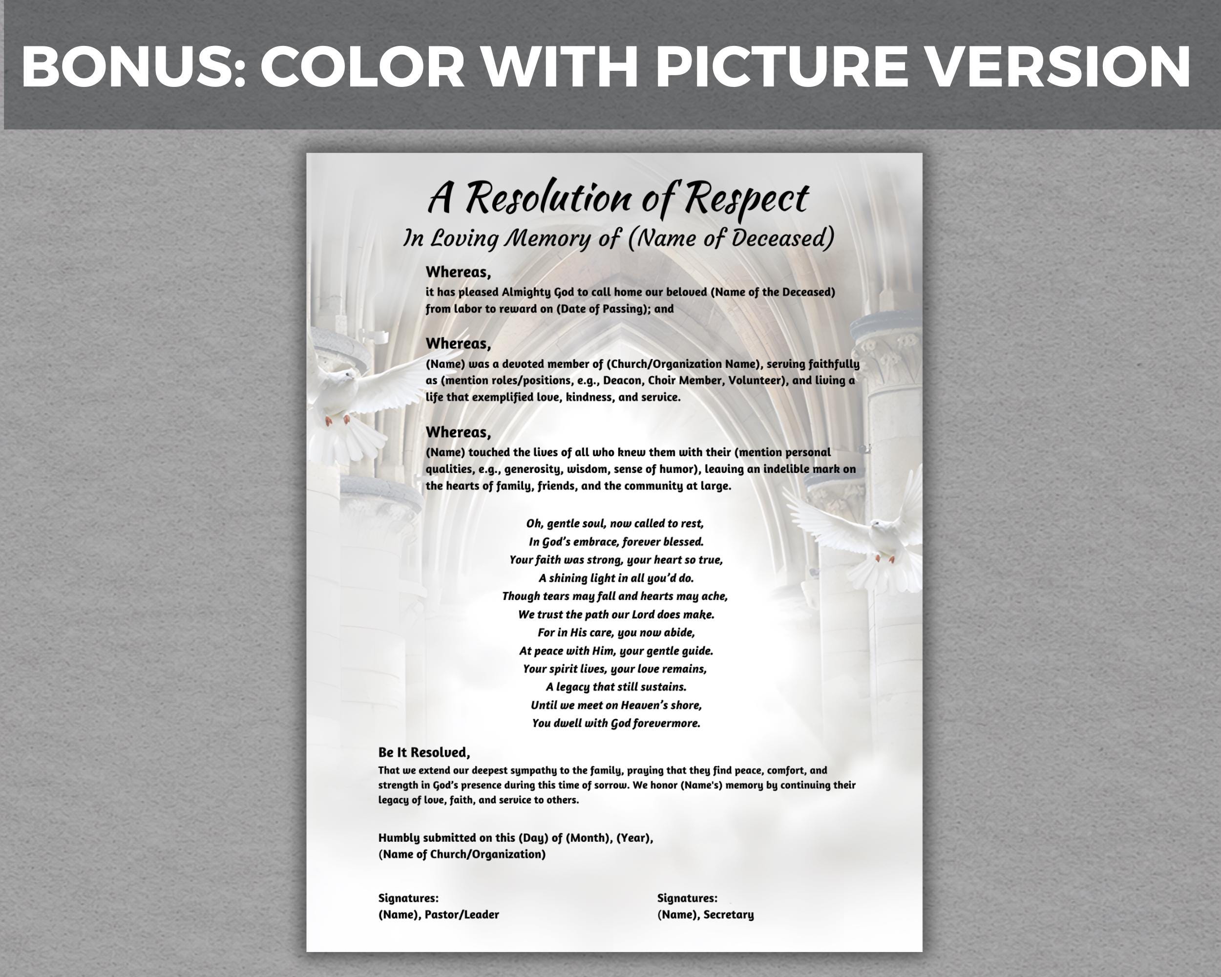 Funeral Resolution Letter Editable, for Use at Memorial Service Letter ...