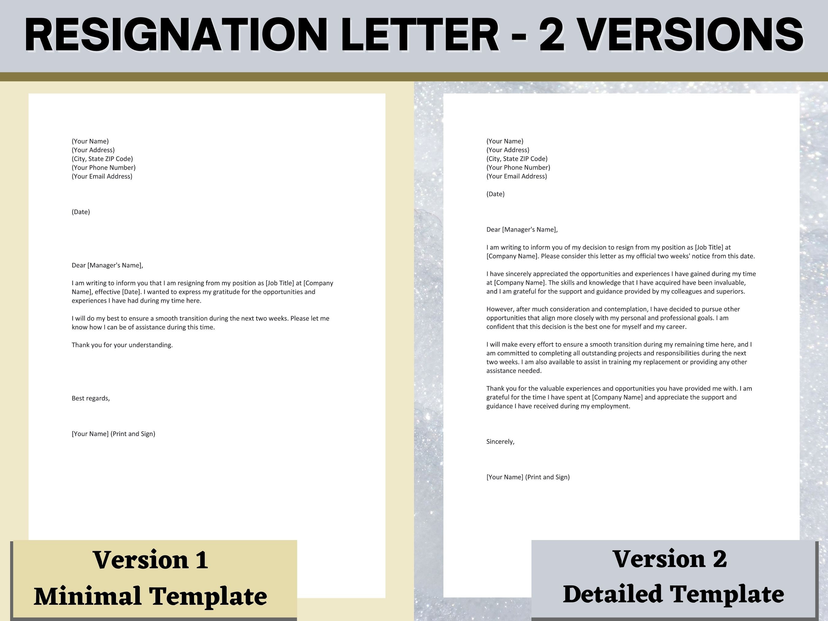 Resignation Letter Template Say Goodbye Professionally With 2 - Etsy UK
