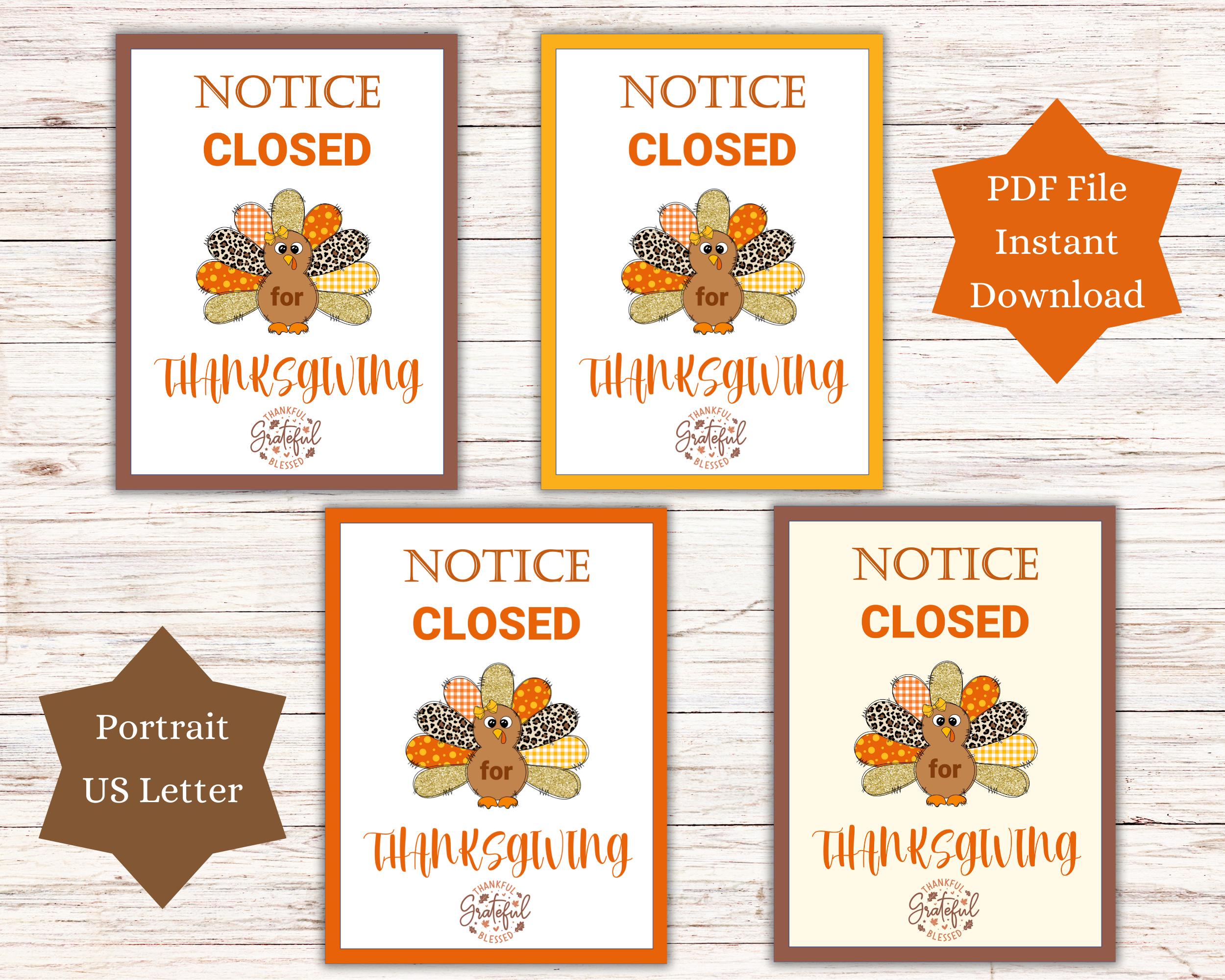 Closed Thanksgiving Sign, Printable Office Sign for Door, Business ...