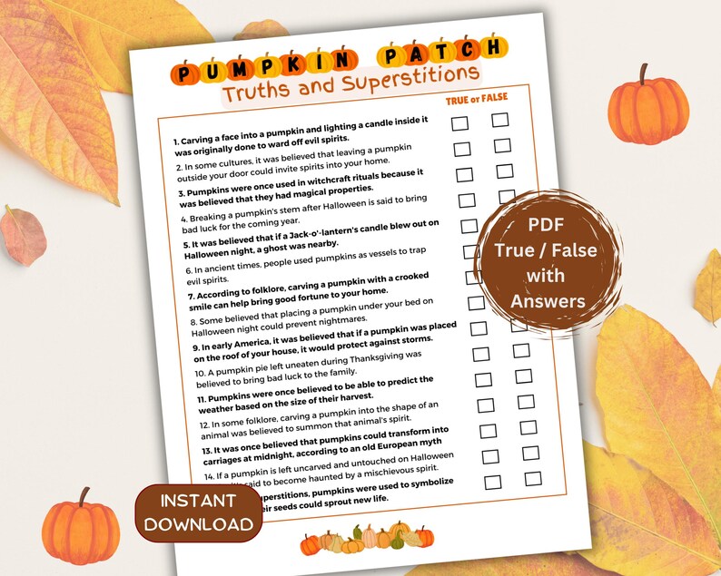 Pumpkin True or False, Printable Pumpkin Trivia Game, Thanksgiving ...