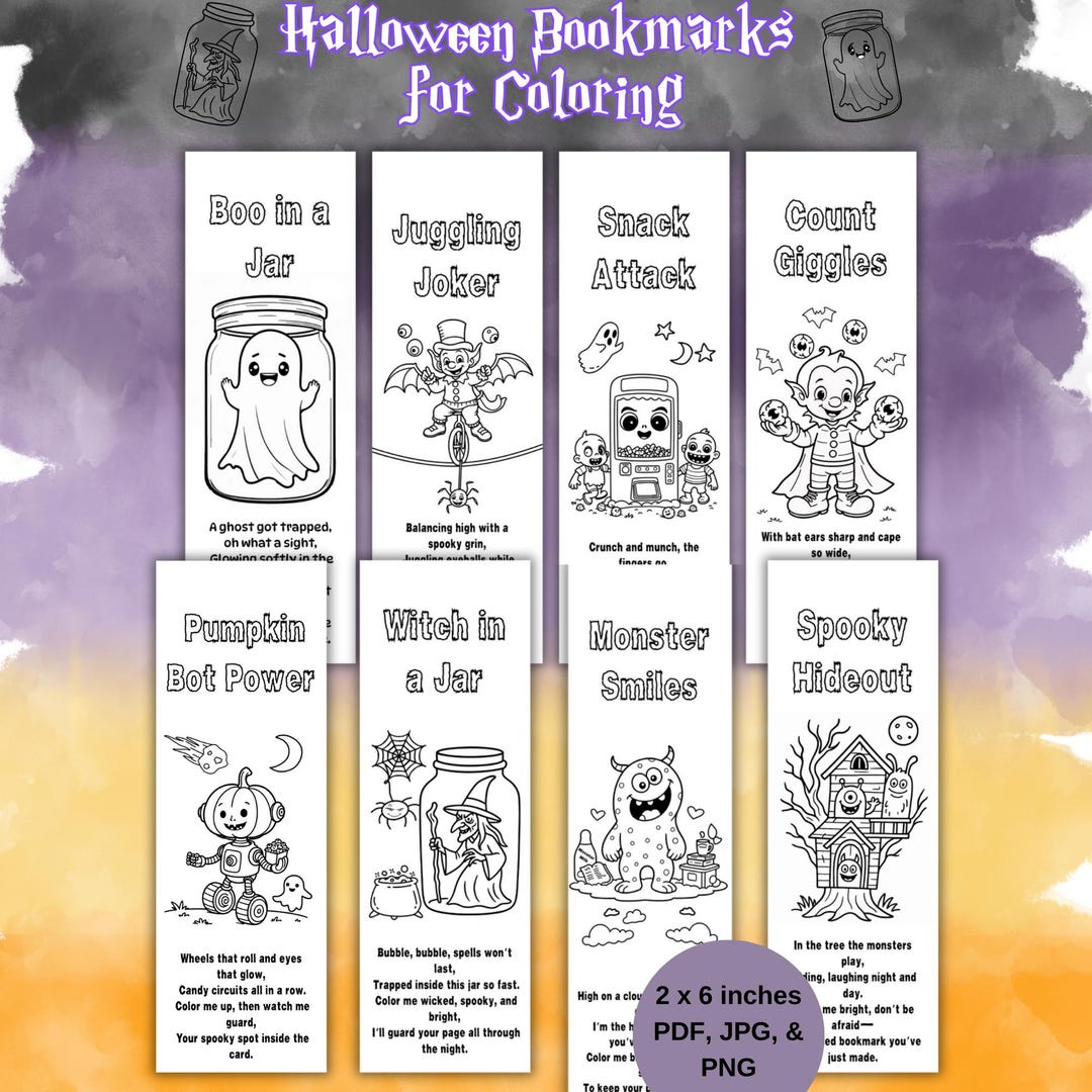 Halloween Bookmarks for Coloring, 8 Halloween Printable Bookmarks, Kids ...