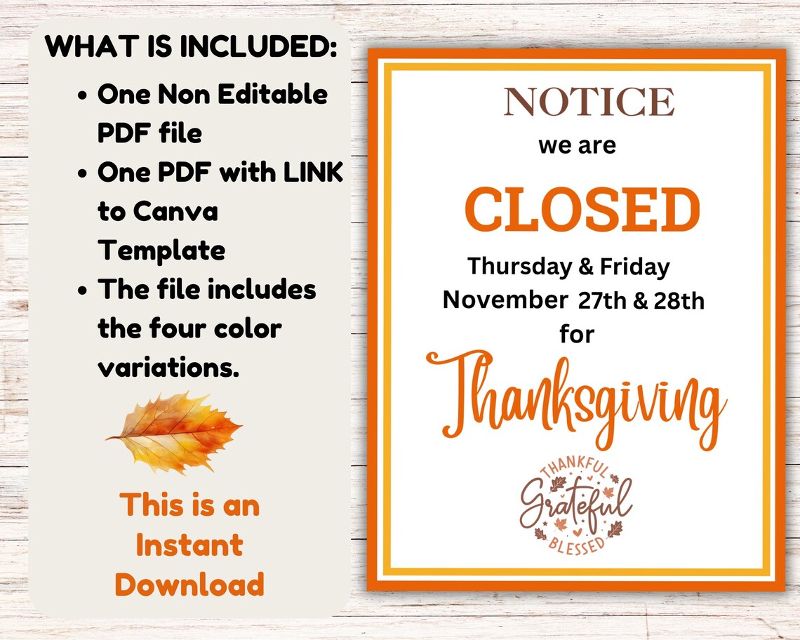 Closed Thanksgiving Sign, Editable Office Sign for Door, Business ...