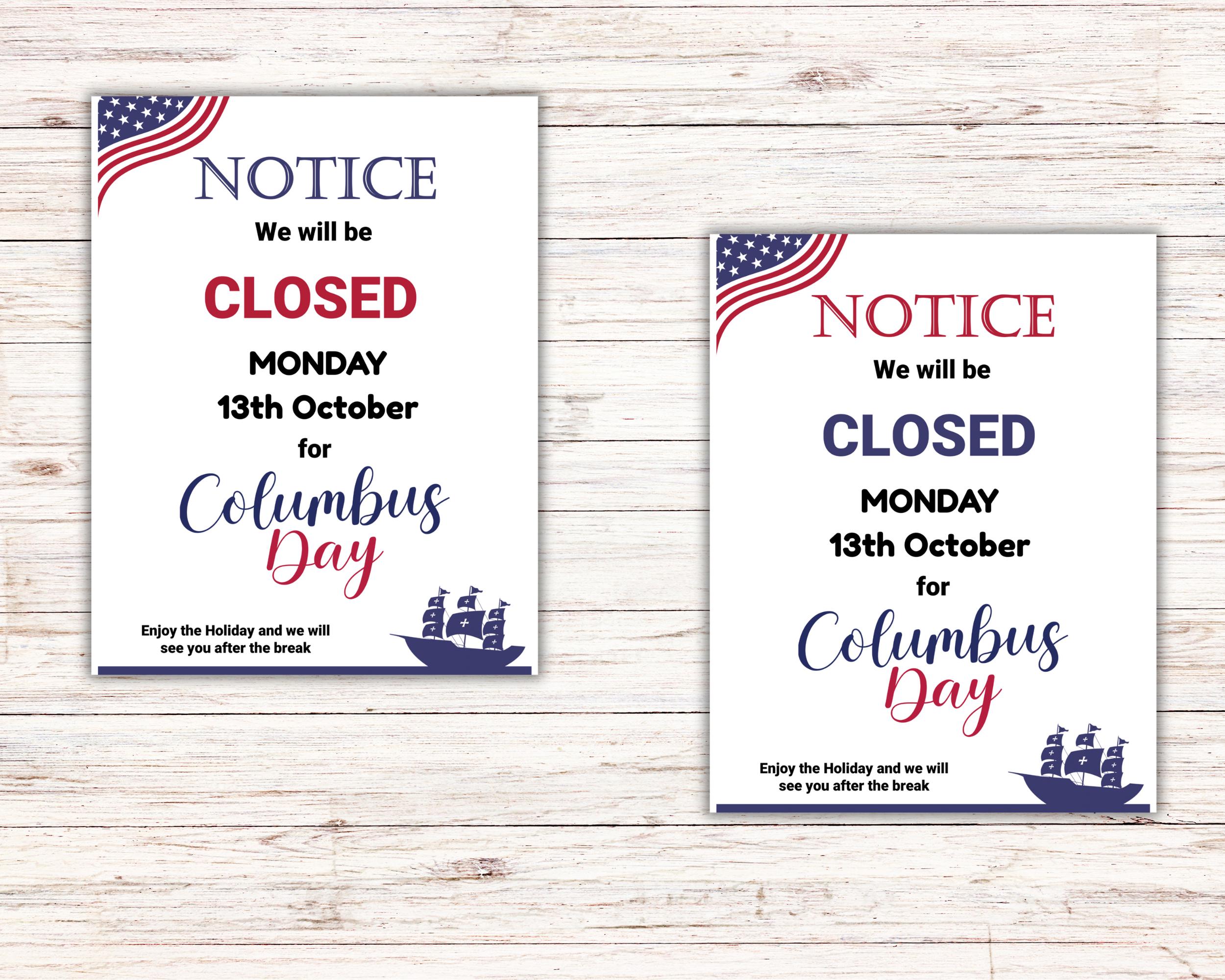 Columbus Day Closed Sign for Door Printable Sign, Closed on Columbus ...