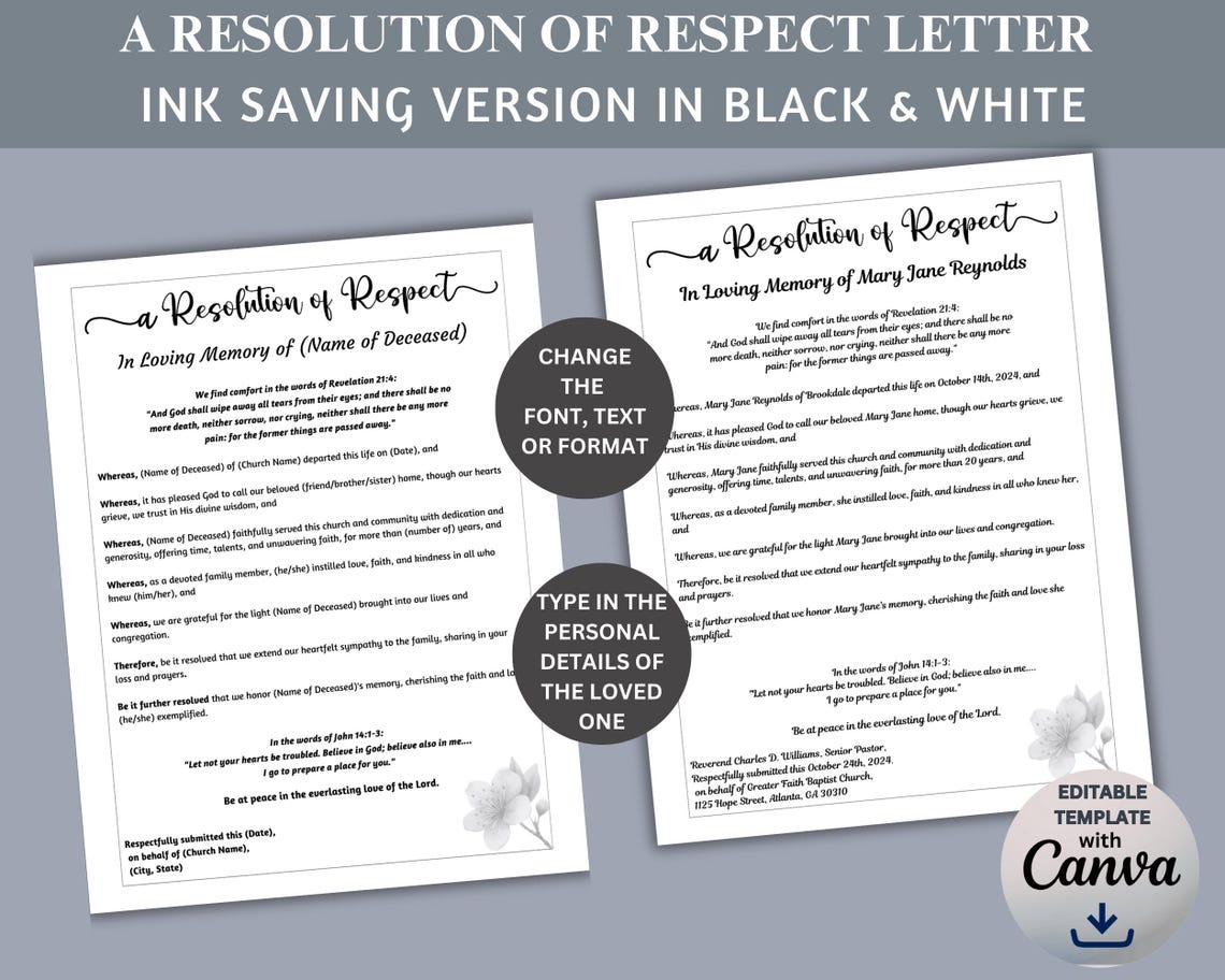 Editable Funeral Resolution Letter for Funeral Service, Resolution ...