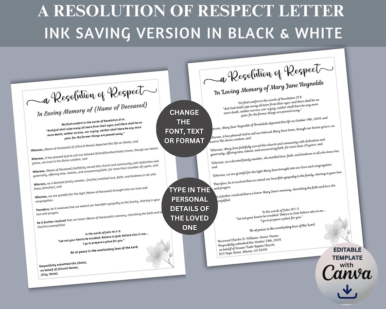 Editable Funeral Resolution Letter for Funeral Service, Resolution ...