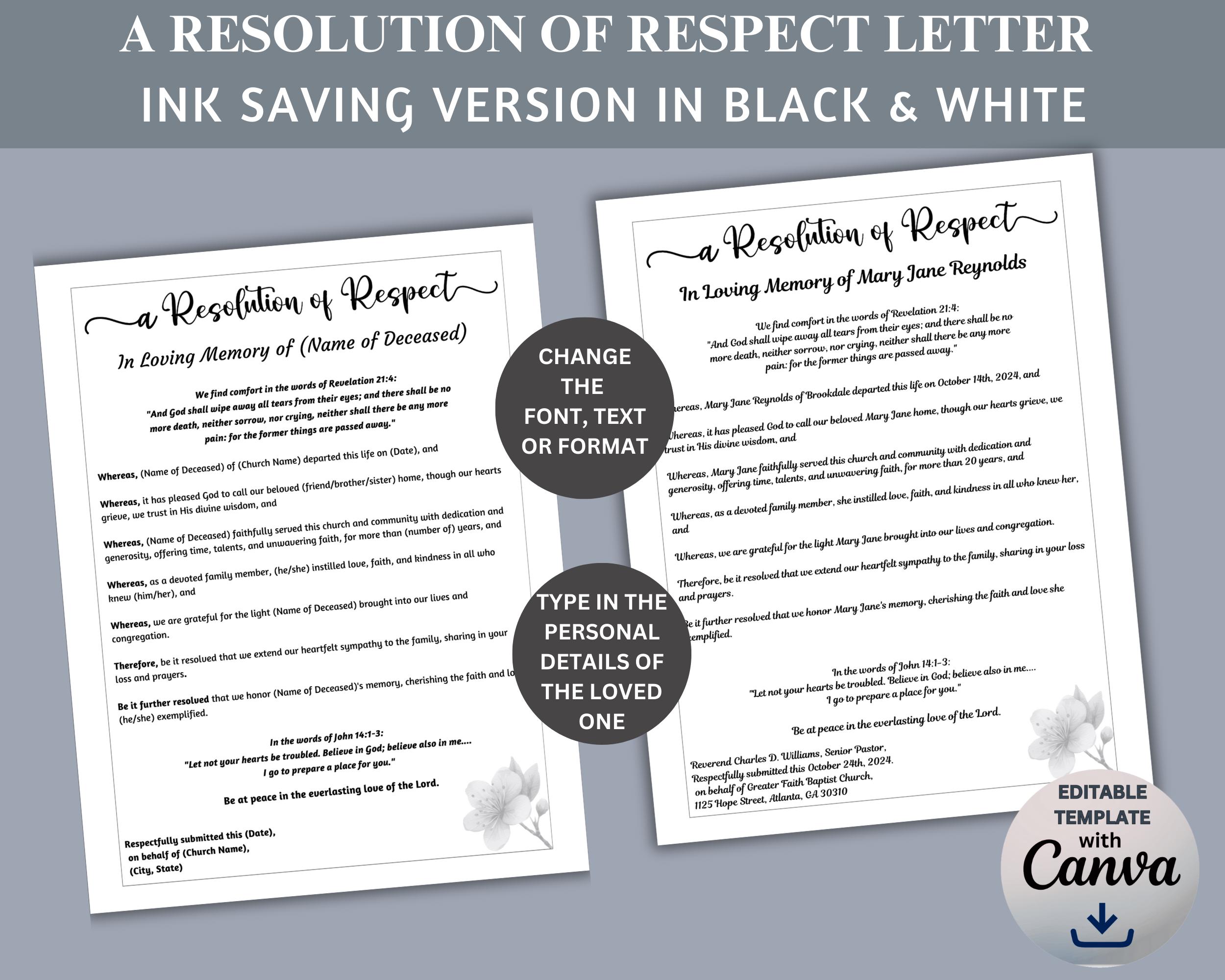 Editable Funeral Resolution Letter for Funeral Service, Resolution ...