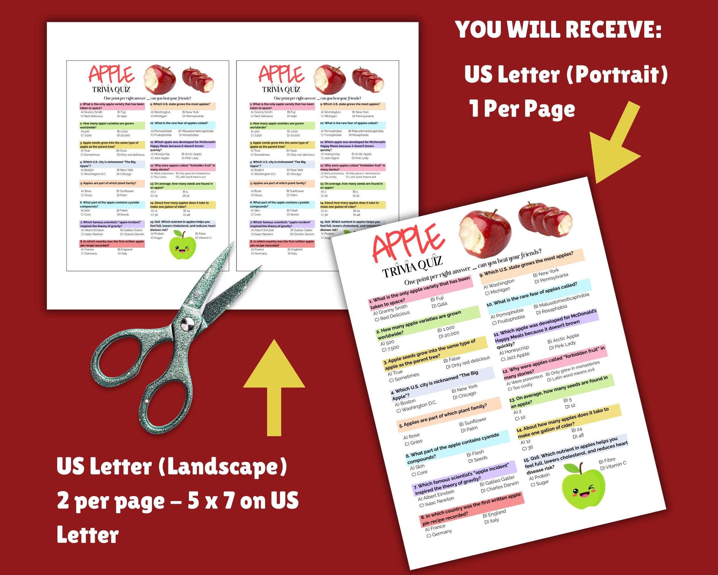 Apple Trivia Game, Printable Trivia Games, Thanksgiving Holiday Game ...