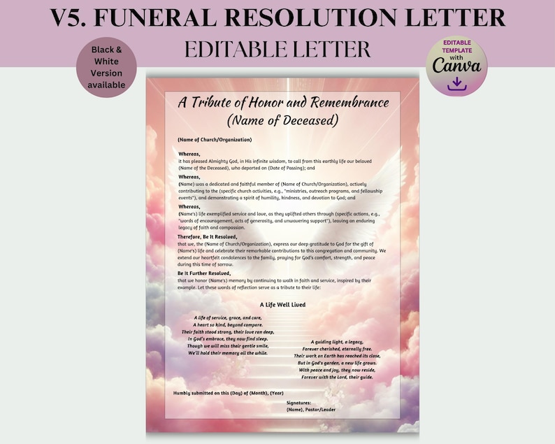 Funeral Resolution Letter A Tribute of Honor and Remembrance, an ...