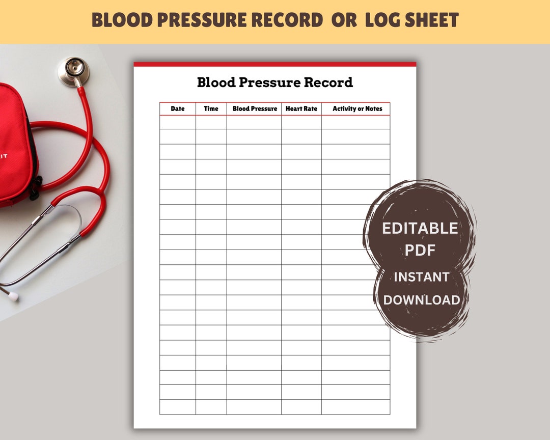 Editable Blood Pressure Log, Printable Blood Pressure Record, Monitor ...