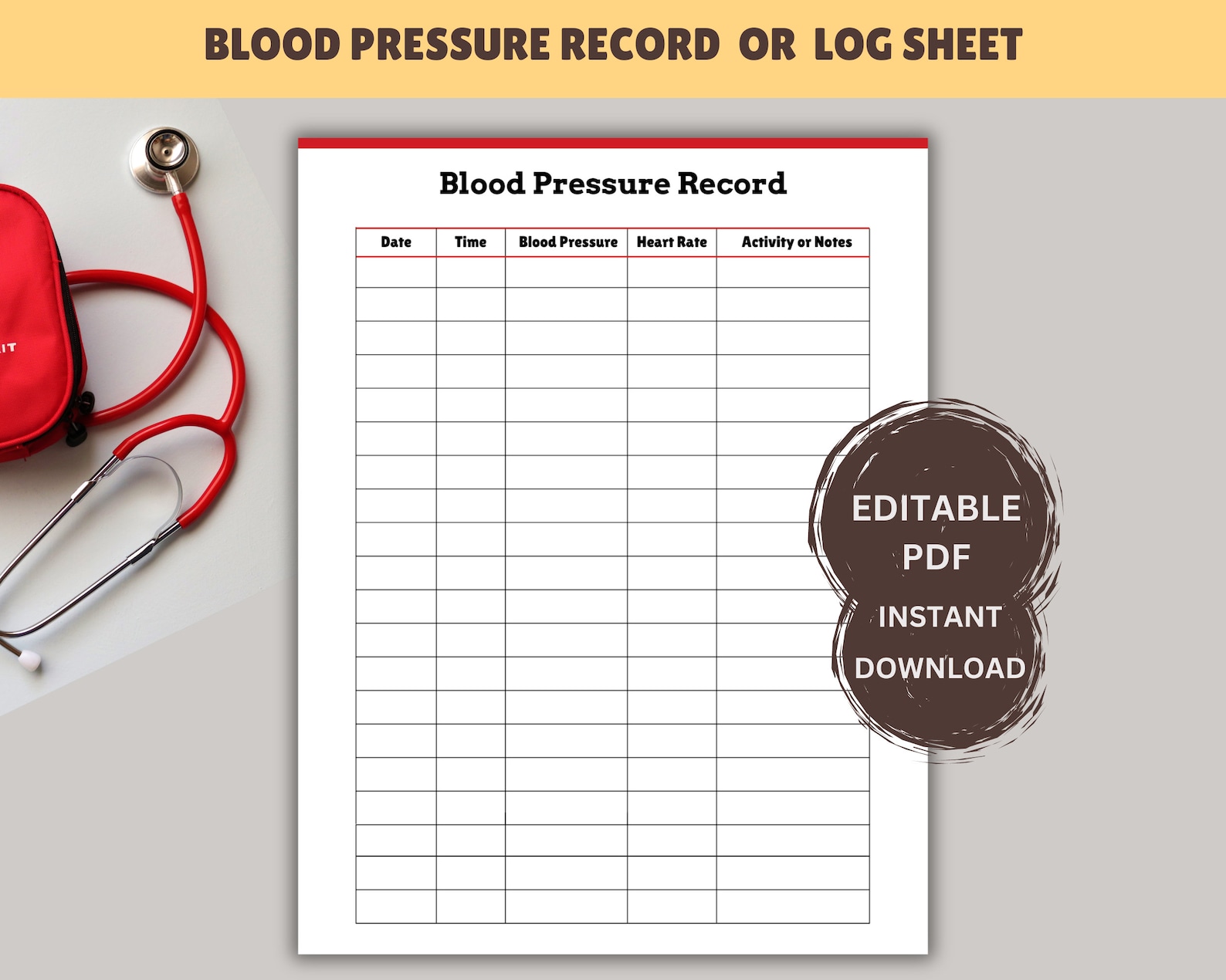 Editable Blood Pressure Log, Printable Blood Pressure Record, Monitor ...