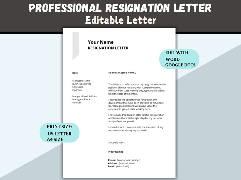 Resignation Letter Template Editable and Customizable Letter of ...