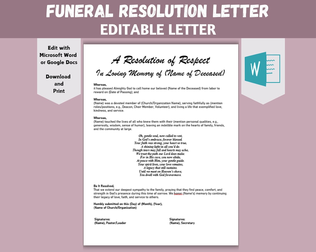 Editable Funeral Resolution Letter of Respect, in Loving Memory Of, a ...