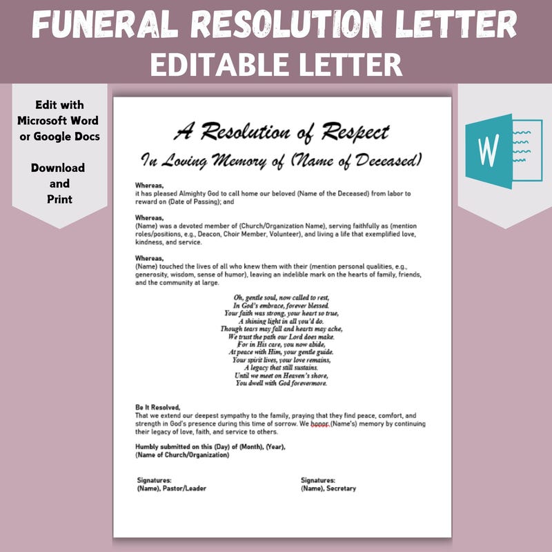 Funeral Resolution Letter - Etsy