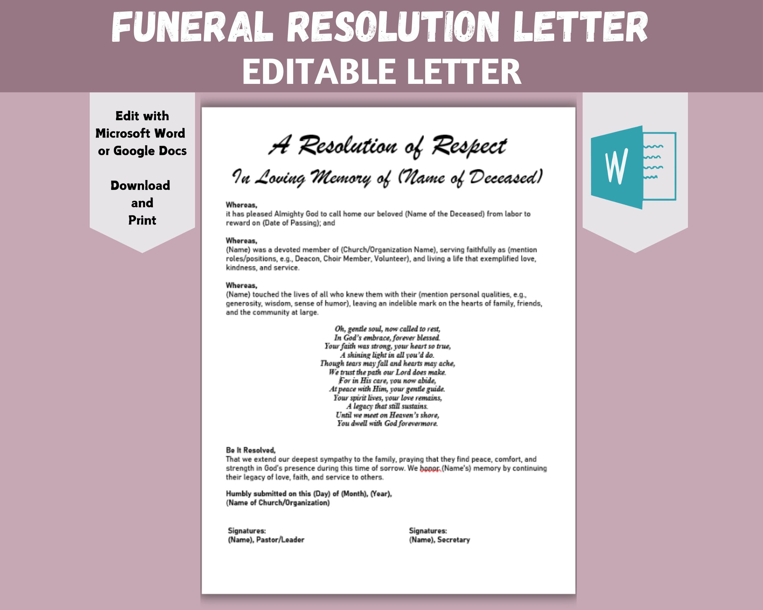 Editable Funeral Resolution Letter of Respect, in Loving Memory Of, a ...