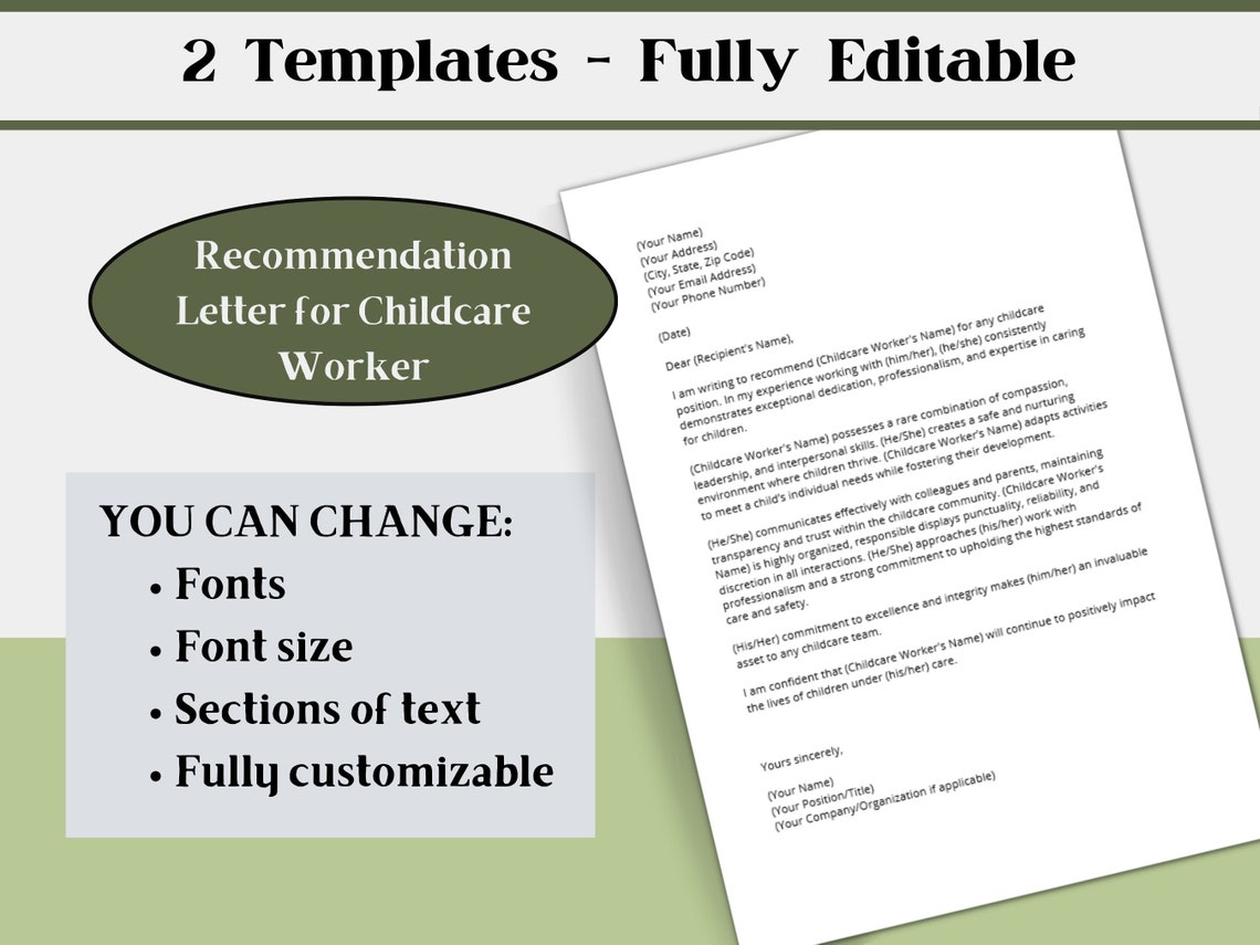 Letter of Recommendation Template for Childcare, Professional Character ...