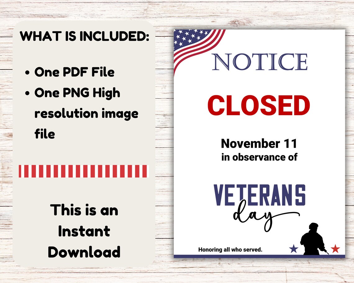 Veteran's Day Printable Closed Sign for Door, Holiday Closure on ...