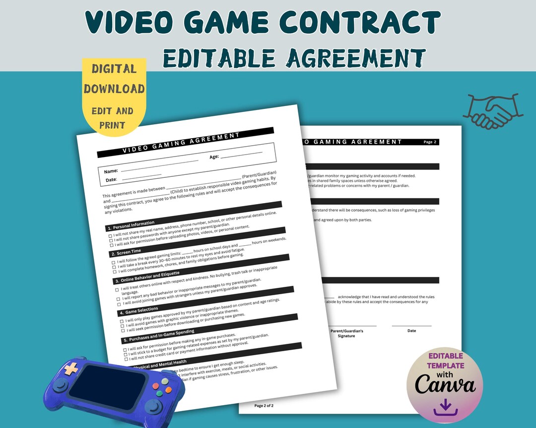 Video Gaming Contract, Family Rules for Tweens and Teens, Screen Time ...