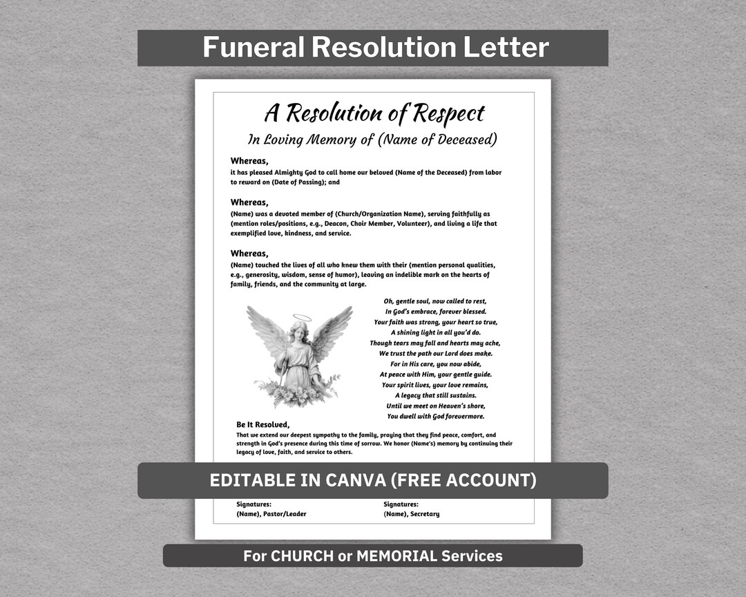 Funeral Resolution Letter Editable, for Use at Memorial Service Letter ...