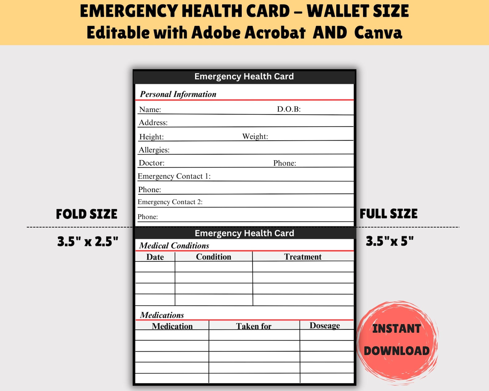 Editable Medical Information Card, Wallet Card With Medication Log and ...