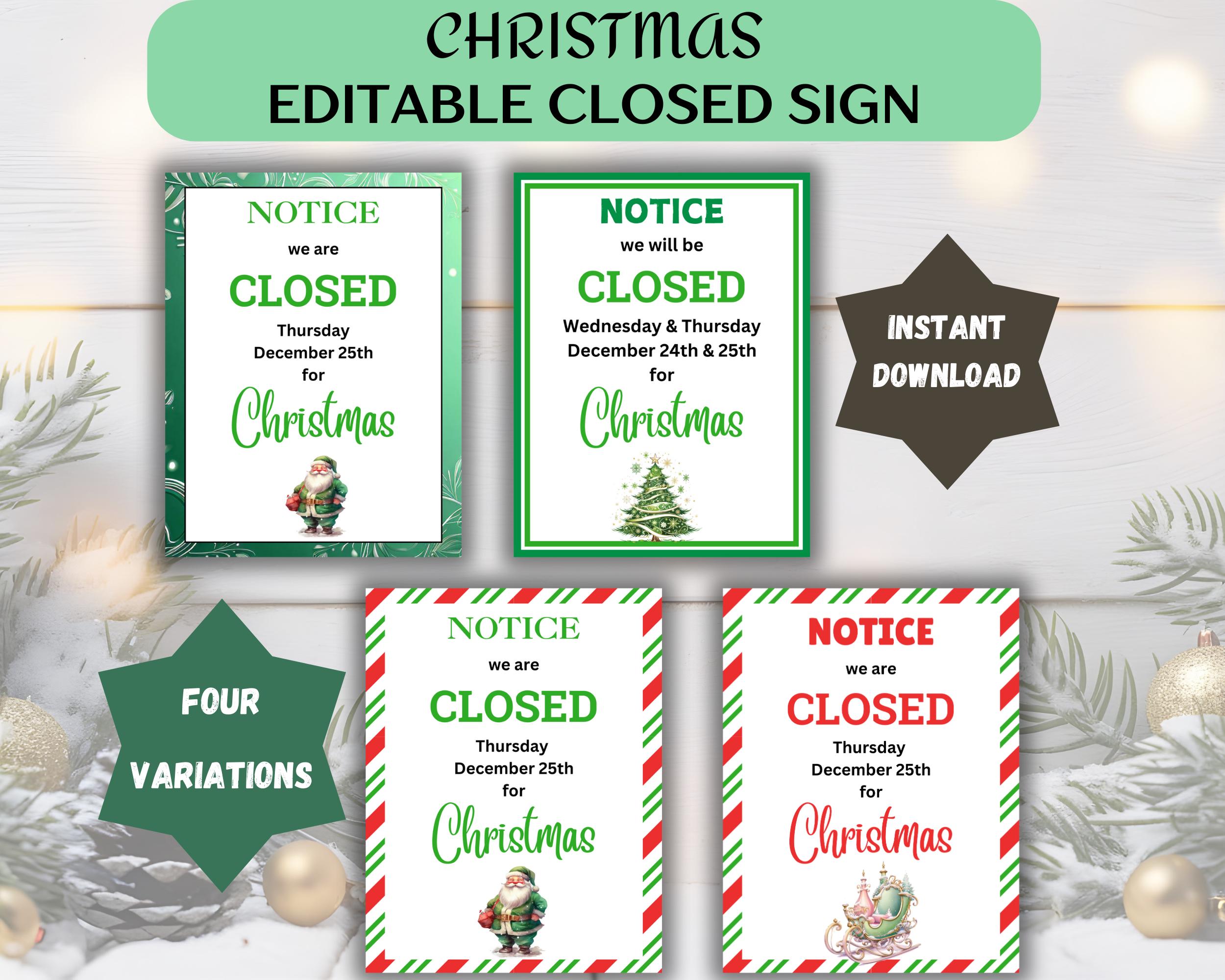 Closed Christmas Sign, Editable Office Sign for Door, Business Holiday ...