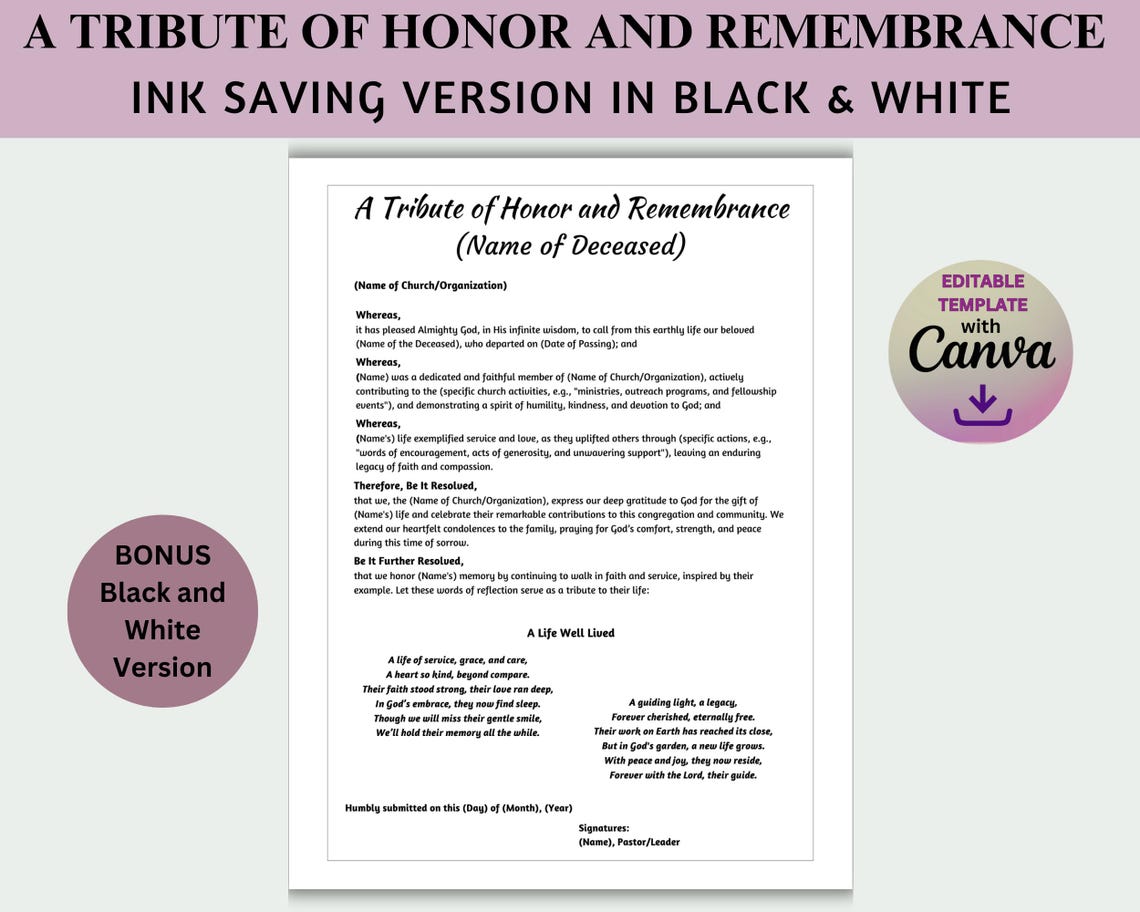 Funeral Resolution Letter A Tribute of Honor and Remembrance, an ...