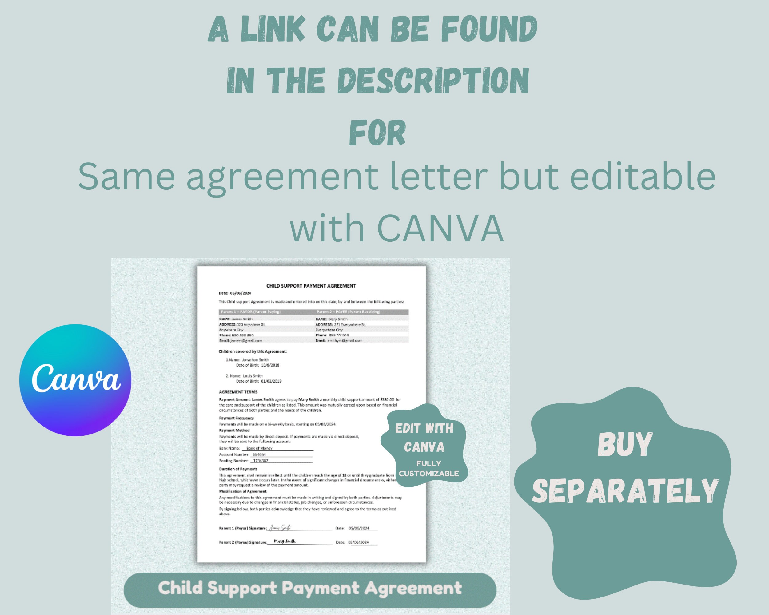 Editable Child Support Payment Agreement Letter - Personalize With Ease ...