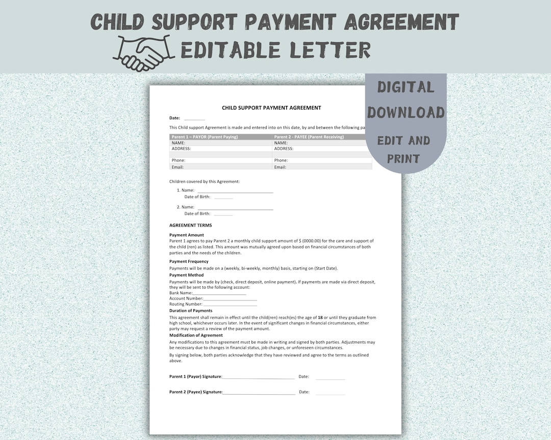Editable Child Support Payment Agreement Letter - Personalize With Ease ...