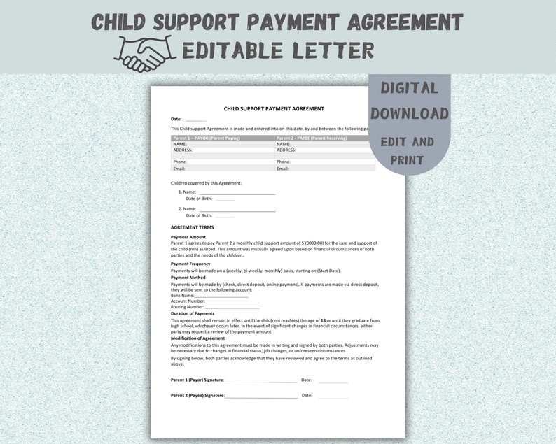 Editable Child Support Payment Agreement Letter - Personalize With Ease ...