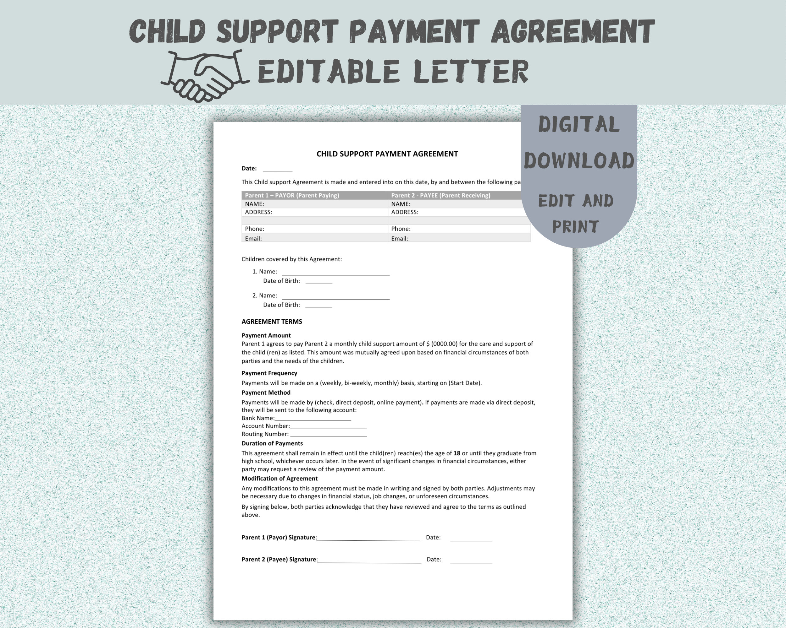 Editable Child Support Payment Agreement Letter - Personalize With Ease ...