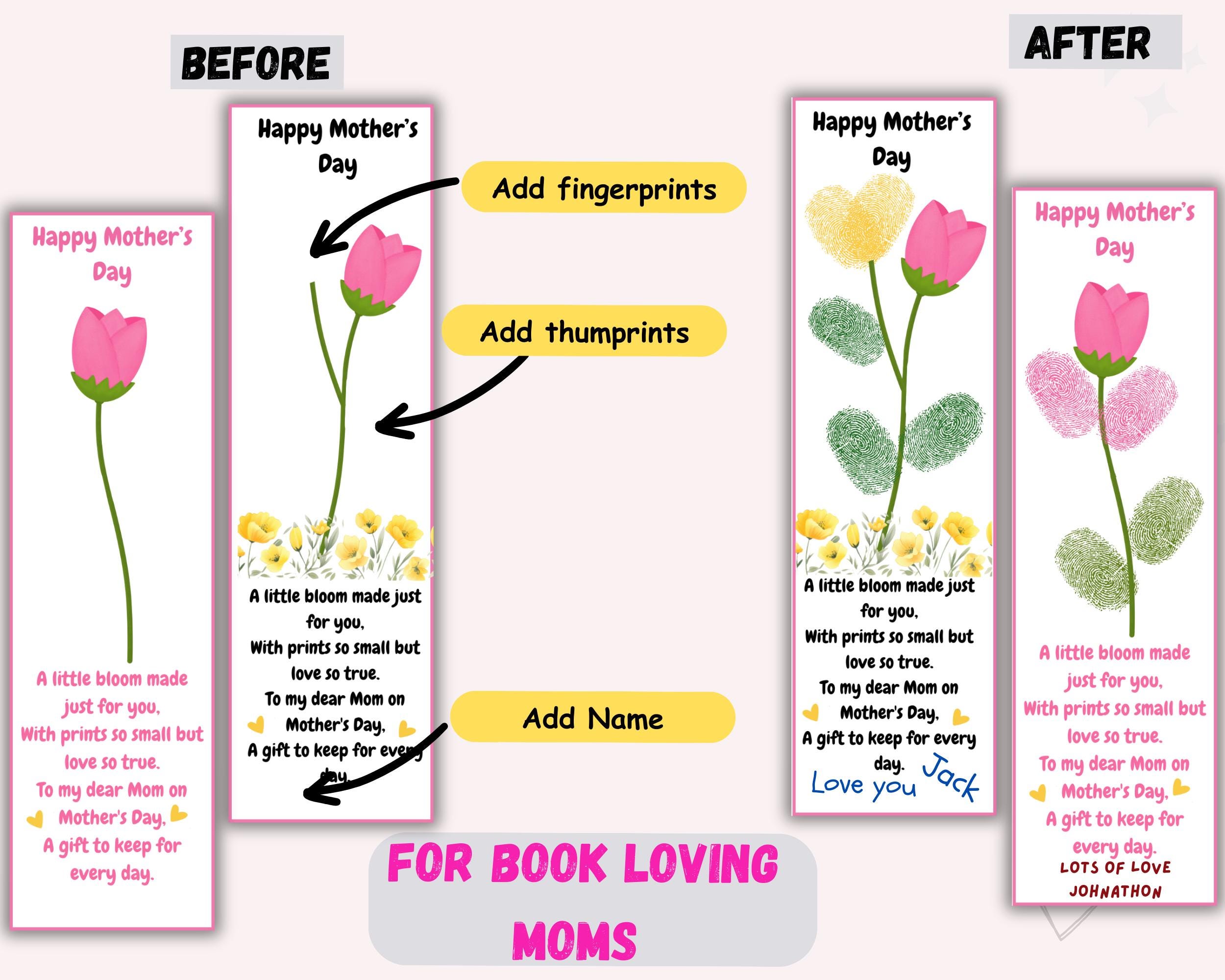 Mother's Day Printable Bookmark, Kids Fingerprint Art for Mothers Day ...