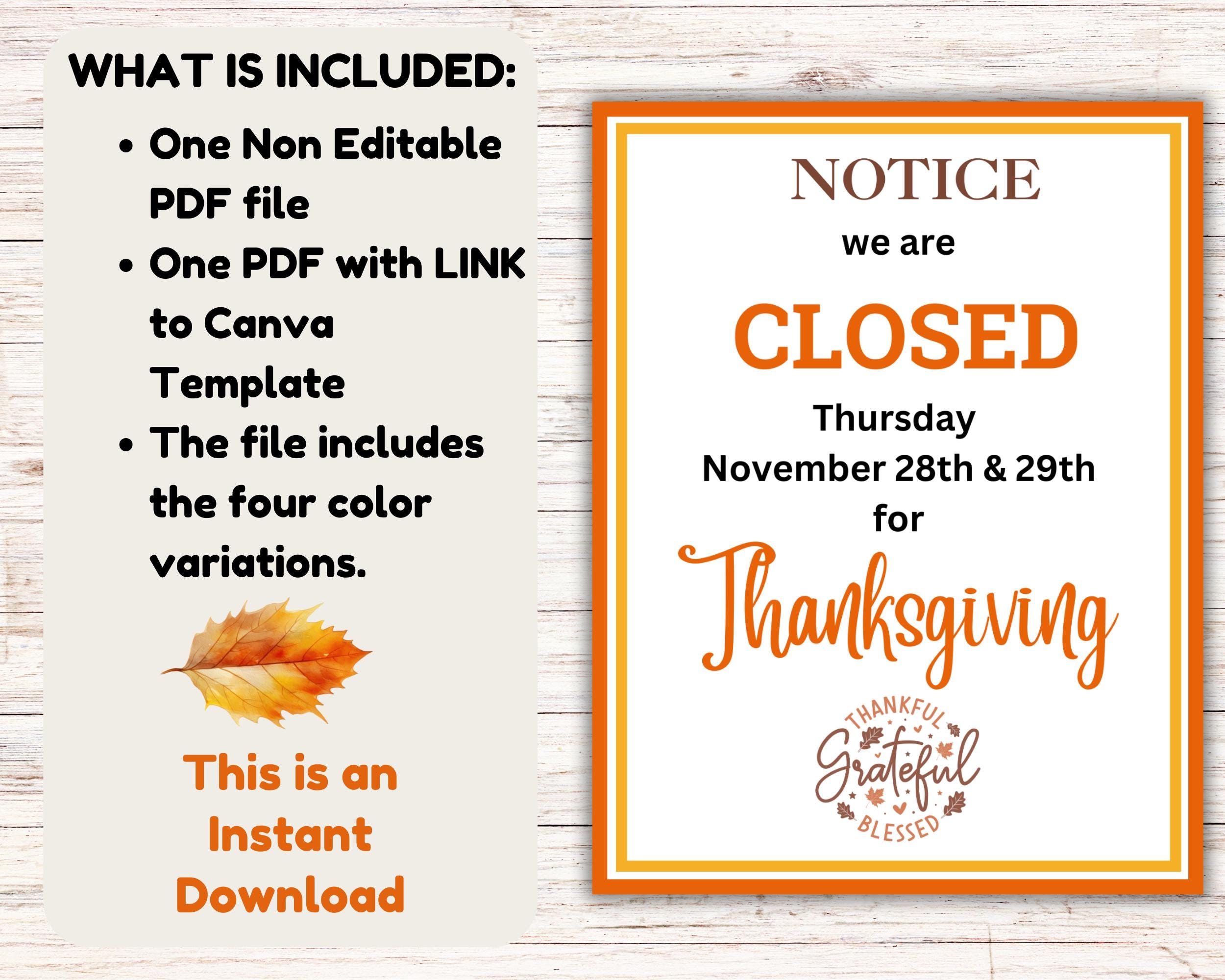 Closed Thanksgiving Sign, Editable Office Sign for Door, Business ...