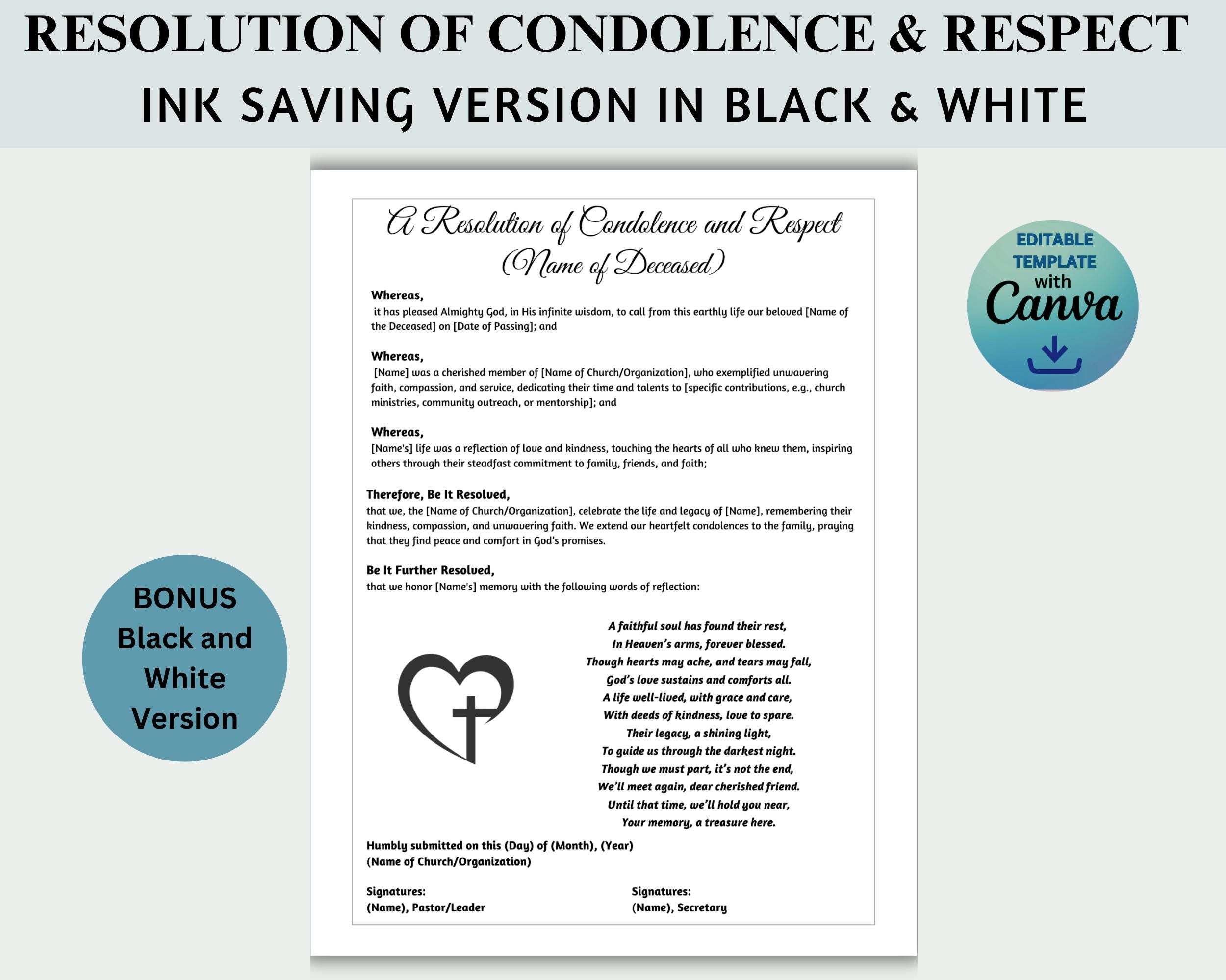 A Funeral Resolution Letter of Condolence and Respect, Use in Your ...