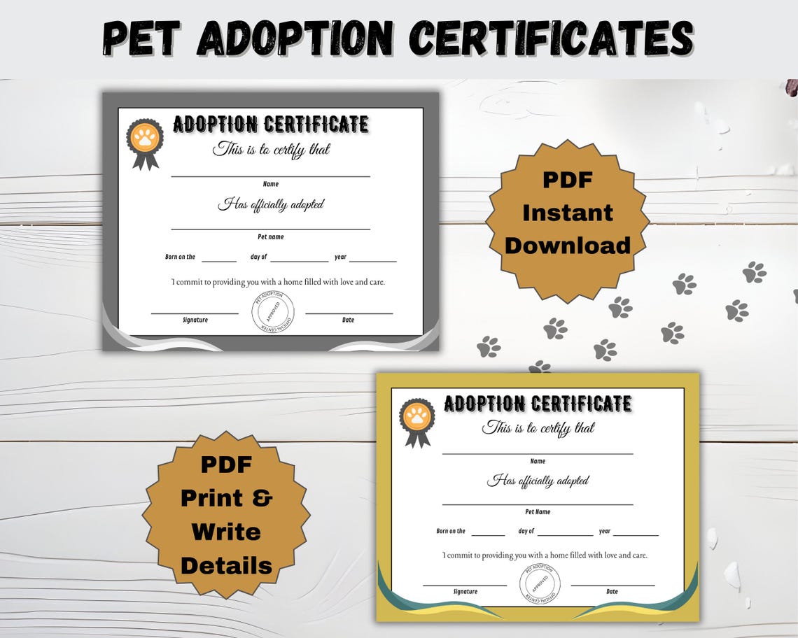 Pet Adoption Certificate for Cat Dog Kitten Puppy, Forever Home ...