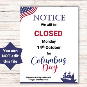 Columbus Day Closed Sign for Door Printable Sign, Closed on Columbus ...
