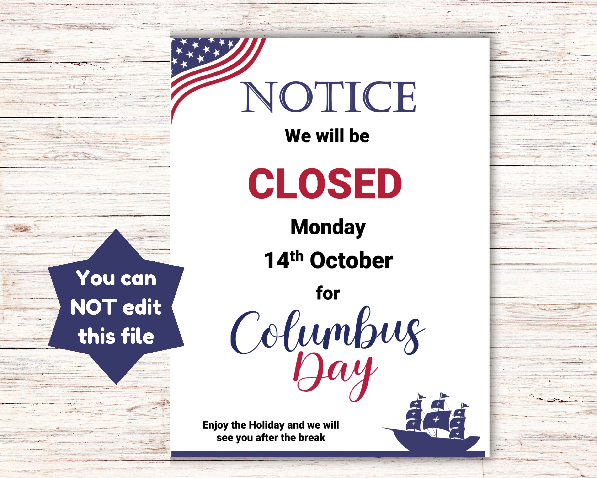 Columbus Day Closed Sign for Door Printable Sign, Closed on Columbus ...