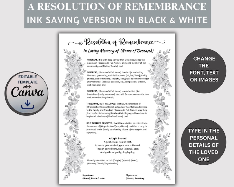 Editable Funeral Resolution Letter for a Memorial Service, Funeral Poem ...