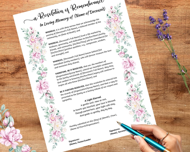 Editable Funeral Resolution Letter for a Memorial Service, Funeral Poem ...