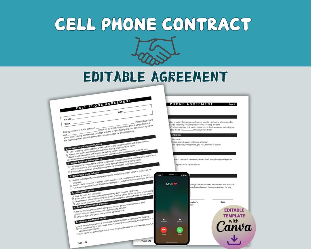 Editable Cell Phone Agreement, Family Rules With a Printable Phone ...