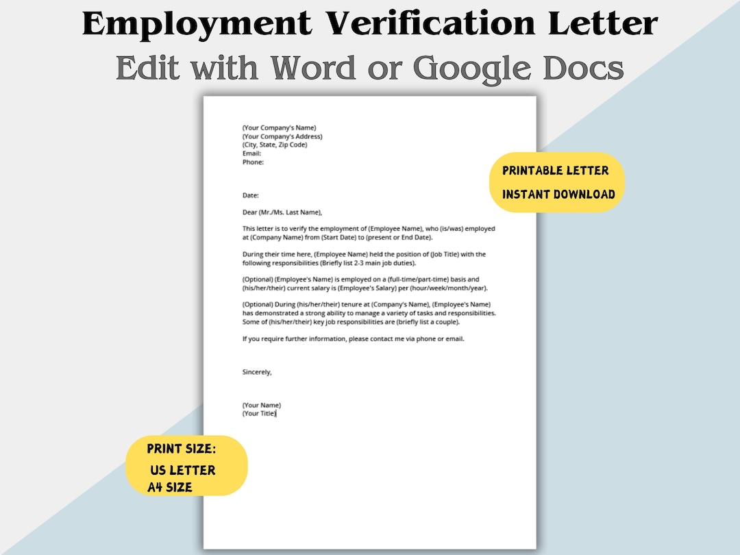 Professional Employment Verification Letter Template, Editable Human ...
