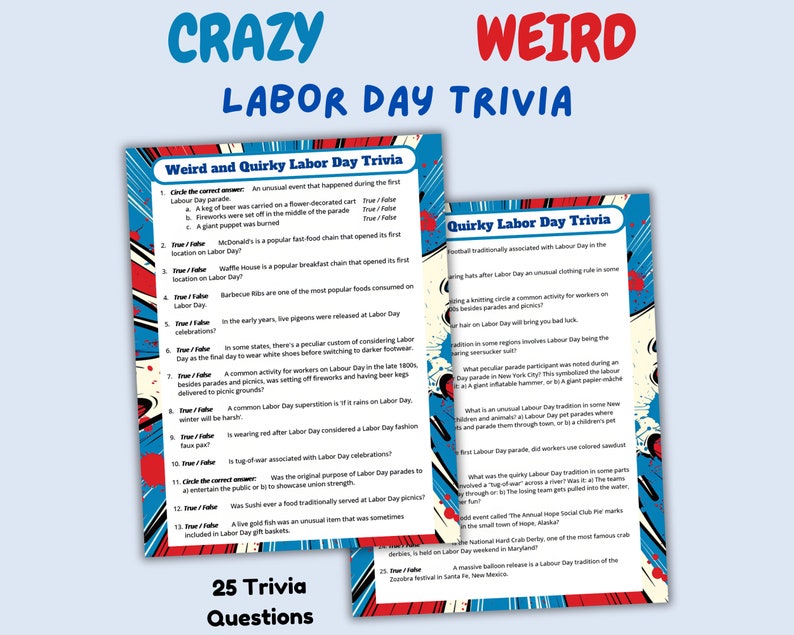 Trivia Game for Labor Day, 25 Crazy Weird Trivia Questions Printable ...