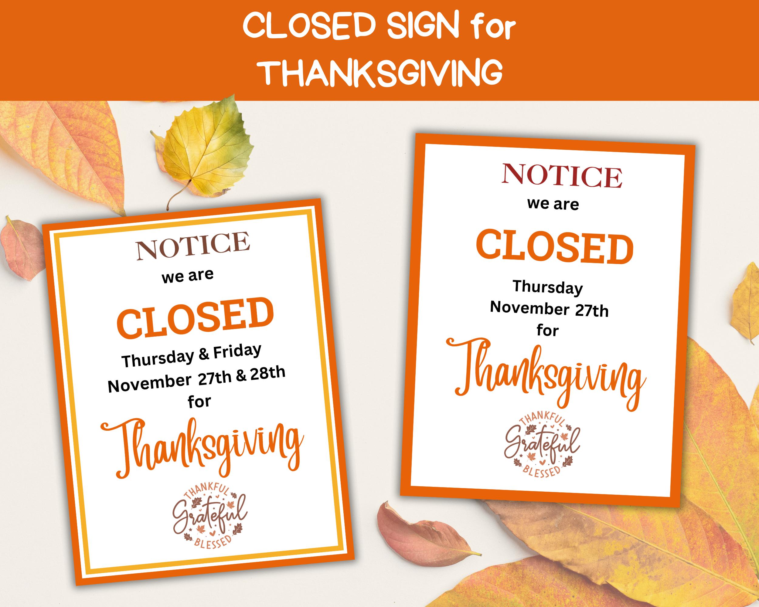 Closed Thanksgiving Sign, Editable Office Sign for Door, Business ...