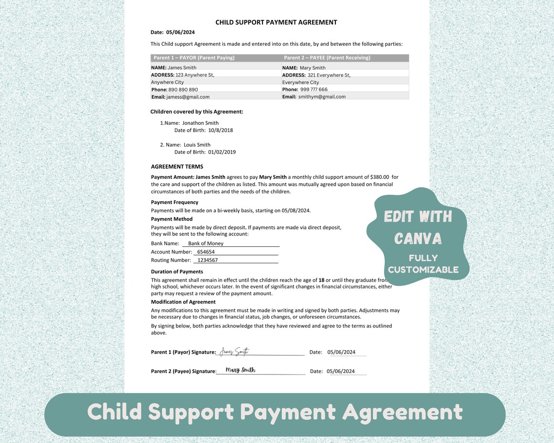 Editable Child Support Payment Agreement Letter - Personalize With Ease ...
