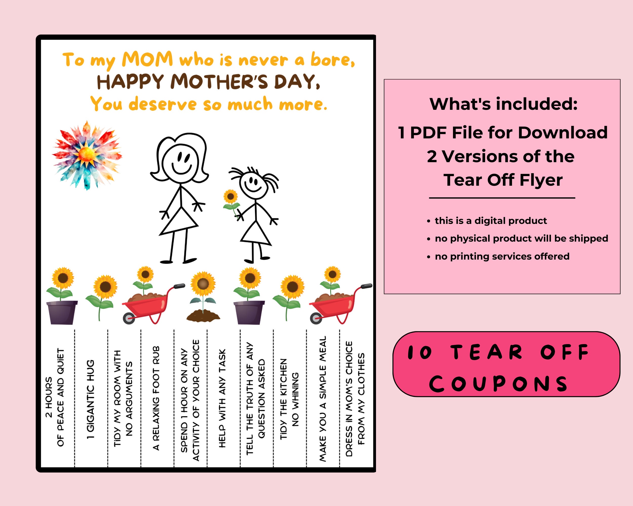 Happy Mother's Day Tear-off Flyer for Mom With 10 Coupons Step Mom Gift ...