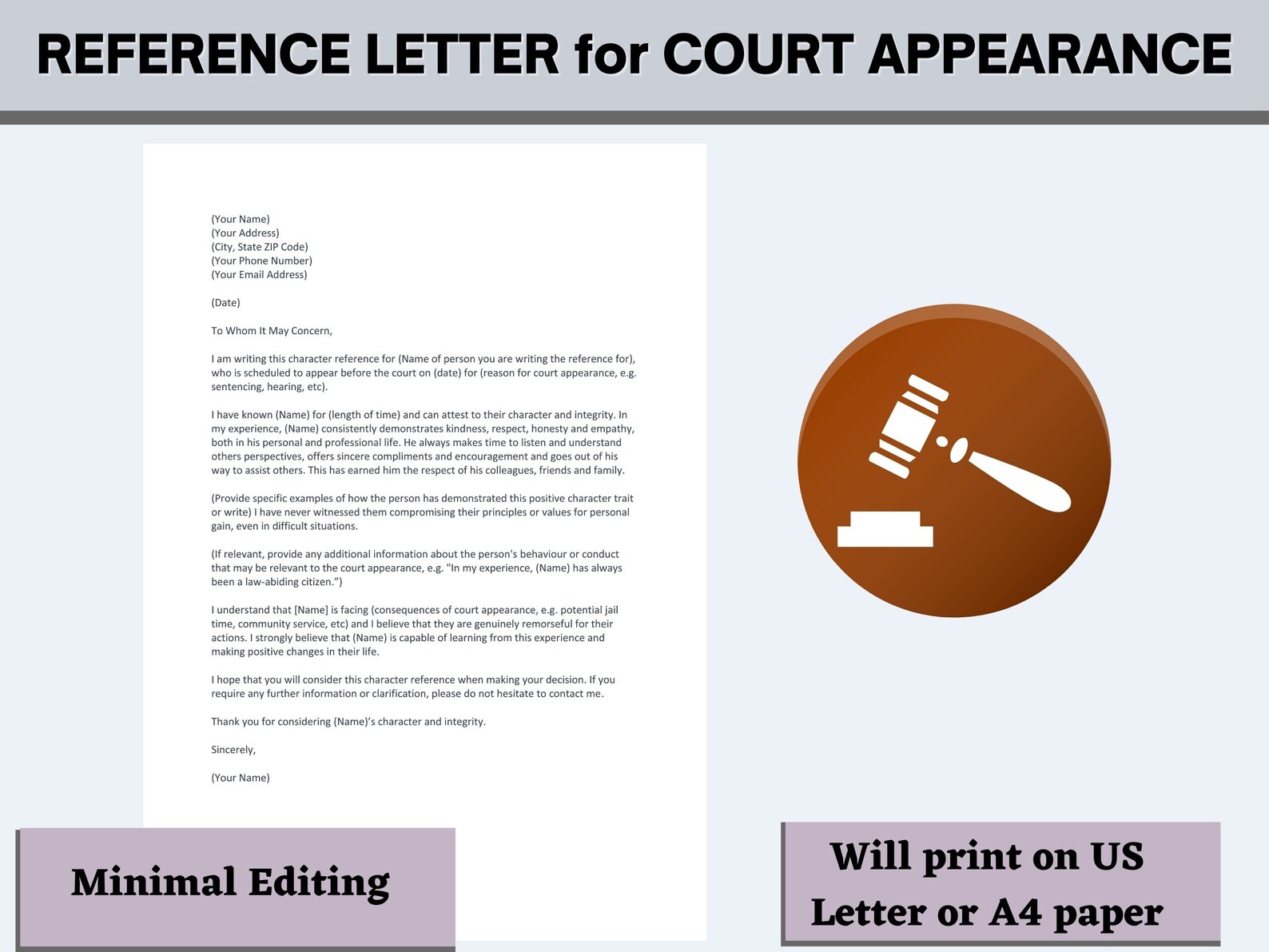 Court Character Letter or Reference Letter for Court, Editable Template ...