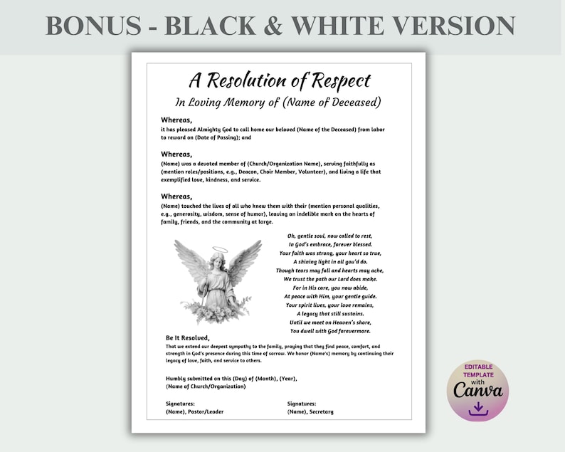 Editable Funeral Resolution Letter for a Funeral Service Church Funeral ...