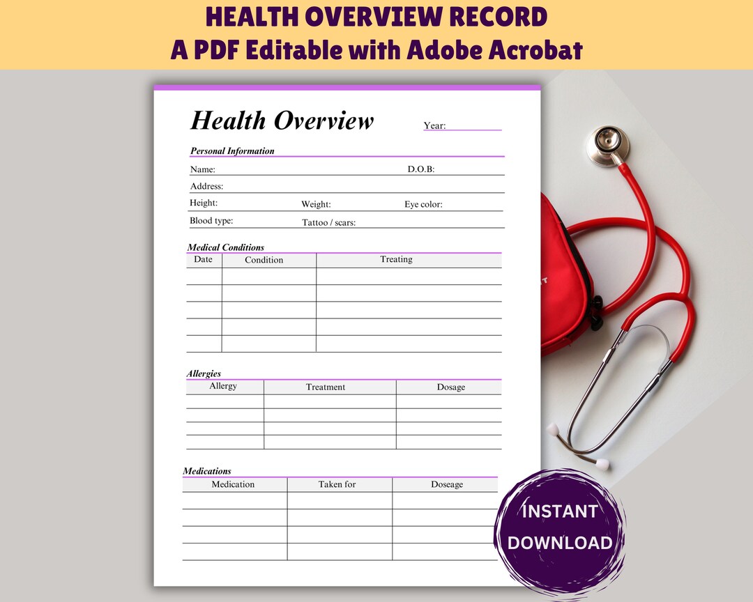 Fillable Medical Information Page for Your Medical Records, Fillable ...