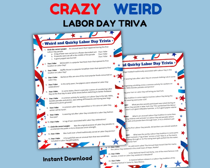 Labor Day Trivia Game, 25 Crazy Weird Trivia Questions Printable Party ...